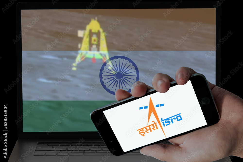 CHENNAI, INDIA, 23RD AUGUST 2023: ISRO logo in holding mobile screen ...