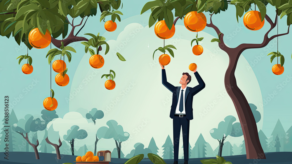 Cartoon businessman picking the low hanging fruit. Corporate metaphor Stock Illustration | Adobe ...
