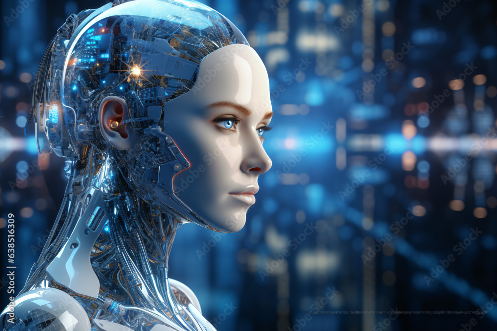 3D humanoid AI robot metaverse cyberspace digital world background ...
