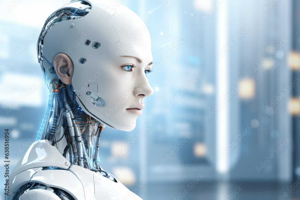 3D humanoid AI robot metaverse cyberspace digital world background ...