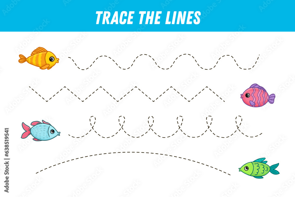 Tracing lines for kids. Cute fish. Cartoon fishes. Handwriting practice ... Tracing lines for kids. Cute fish. Cartoon fishes. Handwriting practice ...