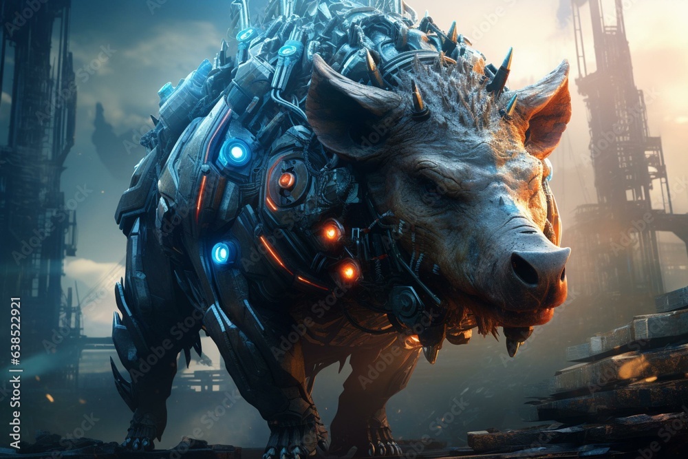 Captivating artwork of a wild boar in a futuristic 3D adventure. An ...