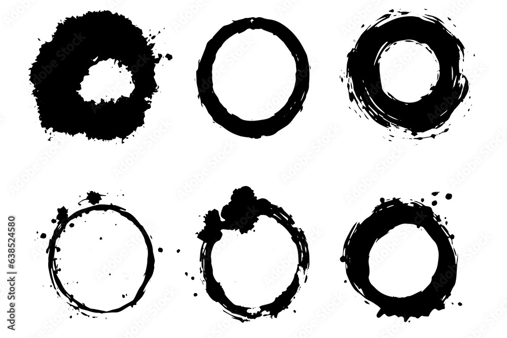 Black shapes of wine circle and coffee ring stains. Dirty splashes and ...
