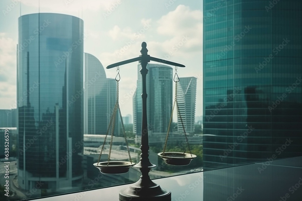 Judge gavel, scales of justice, modern skyscrapers background. Law ...