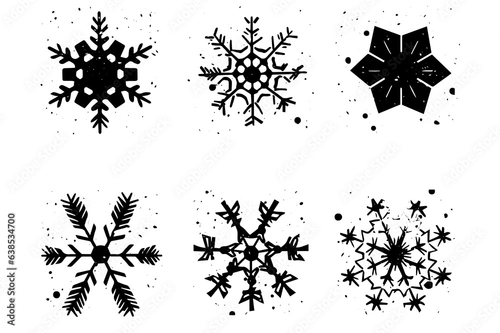 Grunge lino cut snowflakes stamps collection pack. Distressed textures ...