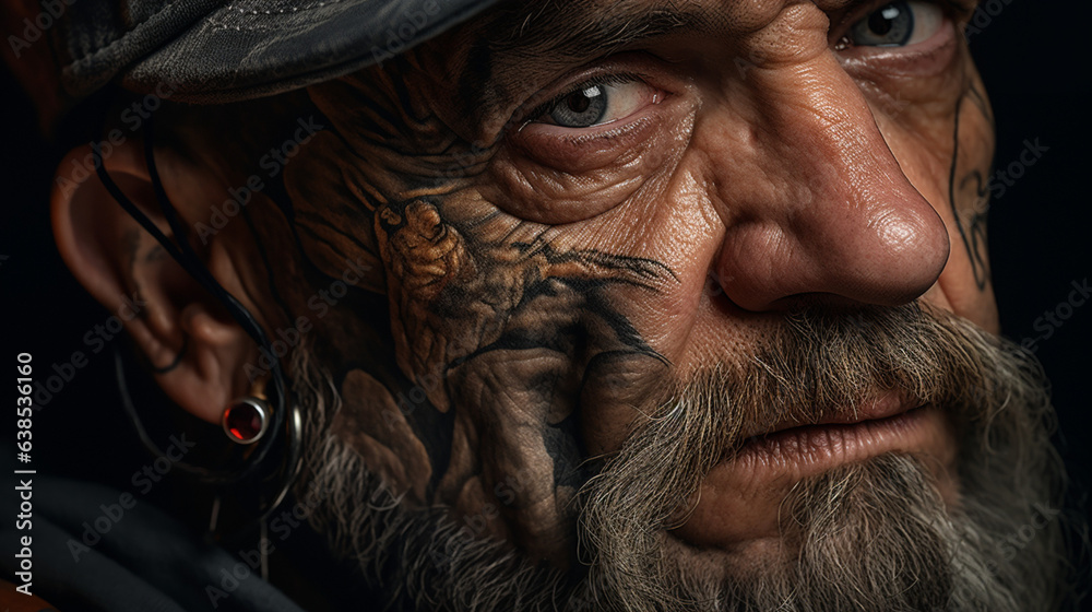 close up of the face of an old man with a tattoo on his face with a ...
