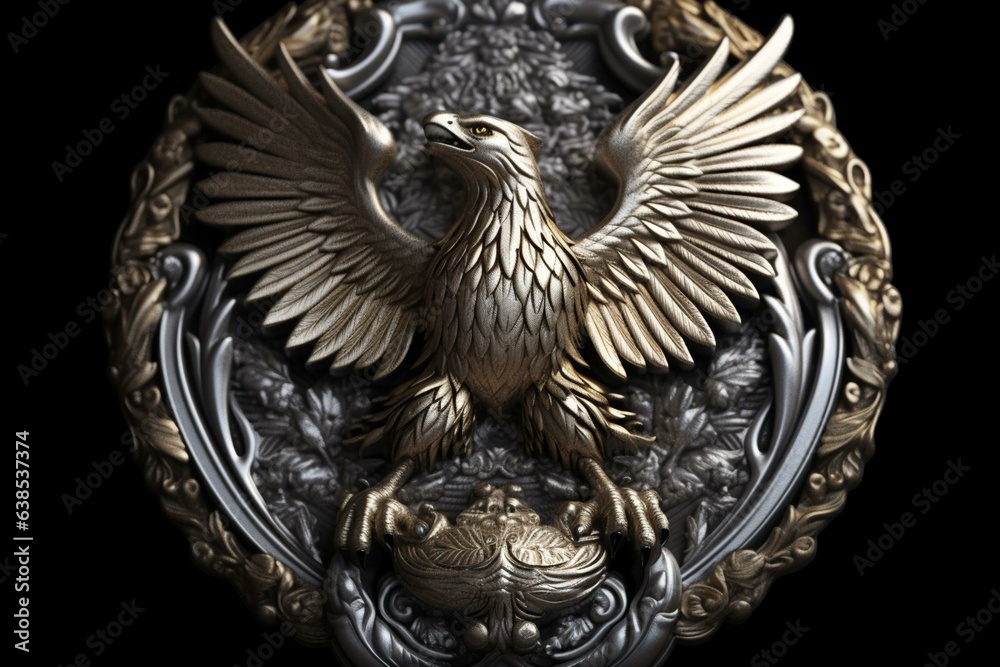 A 3D silver and gold metal emblem featuring an eagle head, representing ...