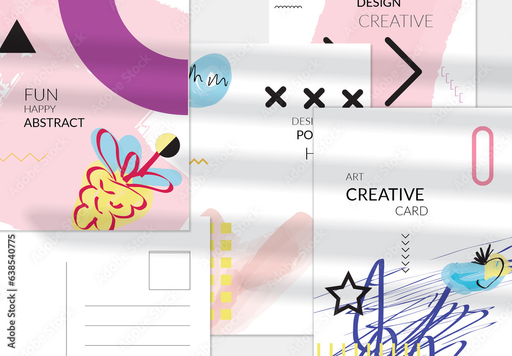 Postcard Layout with Hand Drawn Abstract Floral Doodles and Geometric ...