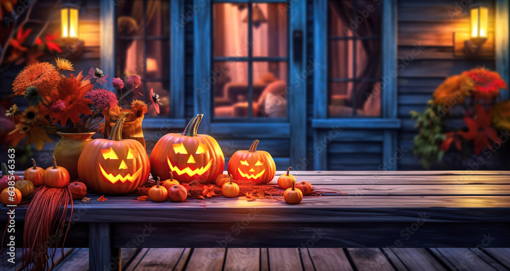 Foto de Halloween burning pumpkins and table with decorations outside a ...