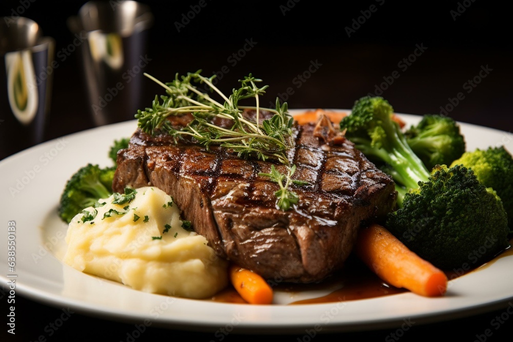 High-end restaurant menu featuring steak, mashed potatoes, vegetables ...