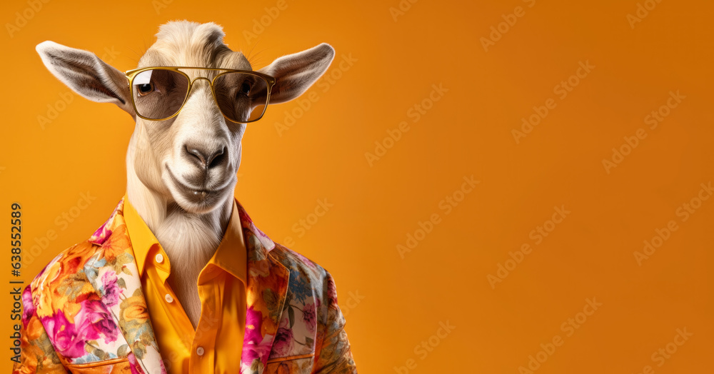 Cool looking goat wearing funky fashion dress - jacket, tie, glasses ...