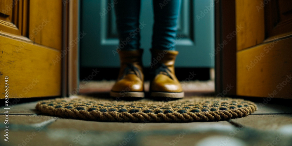 The carpet is decorated with intricate designs and patterns. The woman ...