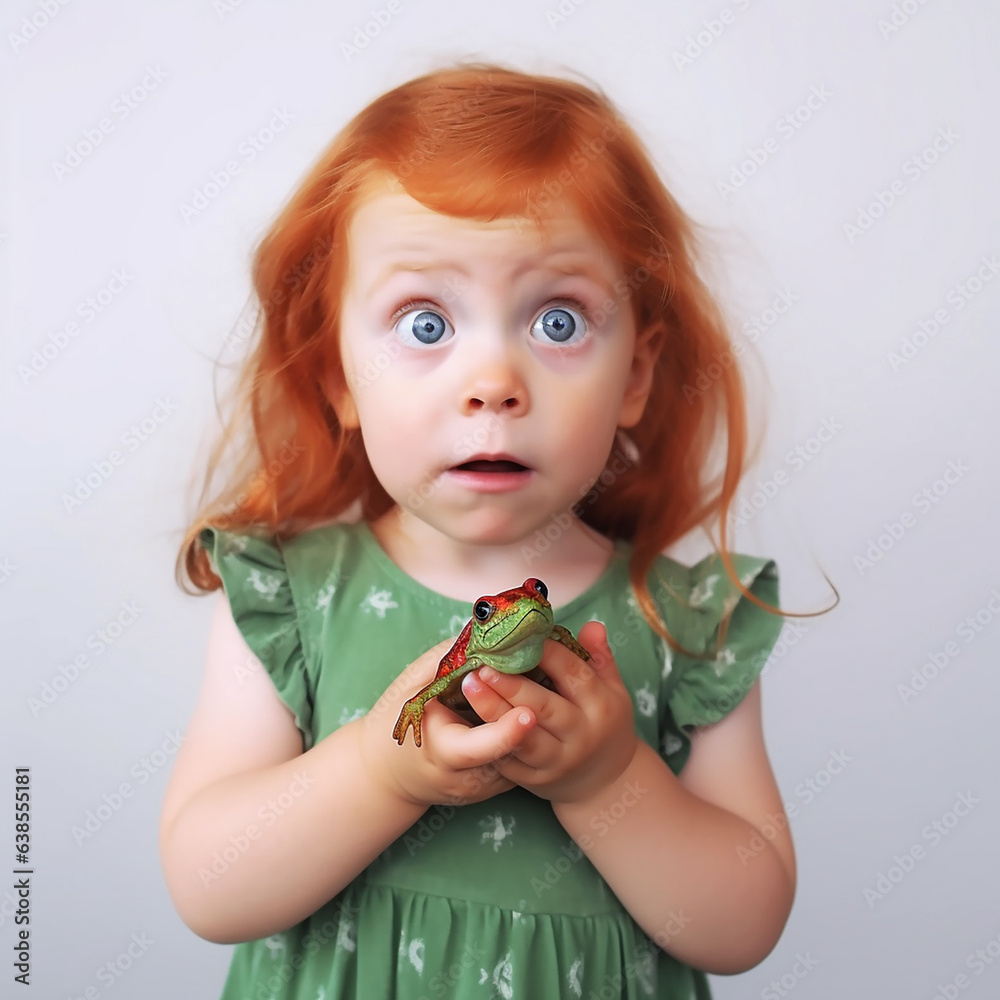 Little funny red-haired girl with big blue eyes in a green dress holds ...