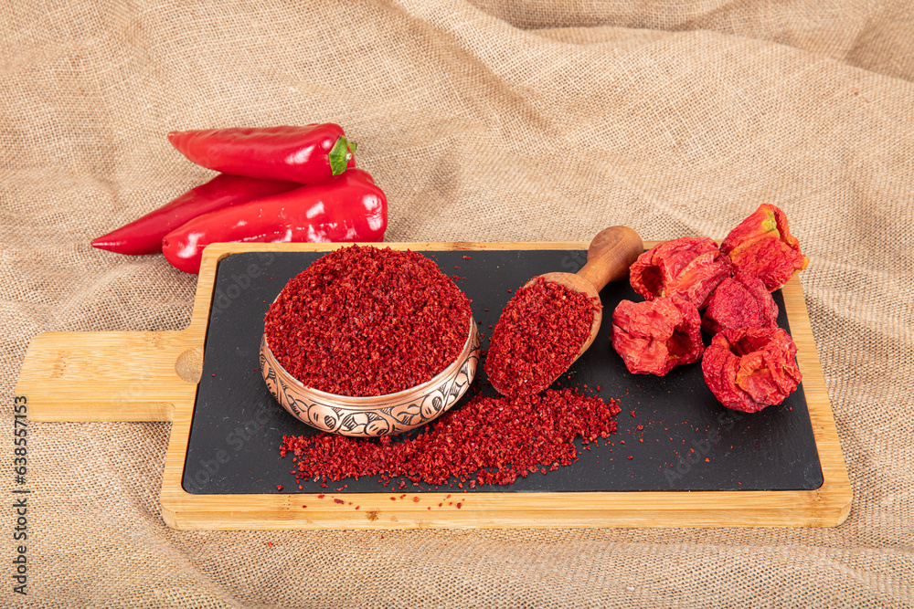 Spice Red chilli powder flakes shot from above. Mix of Spices ...