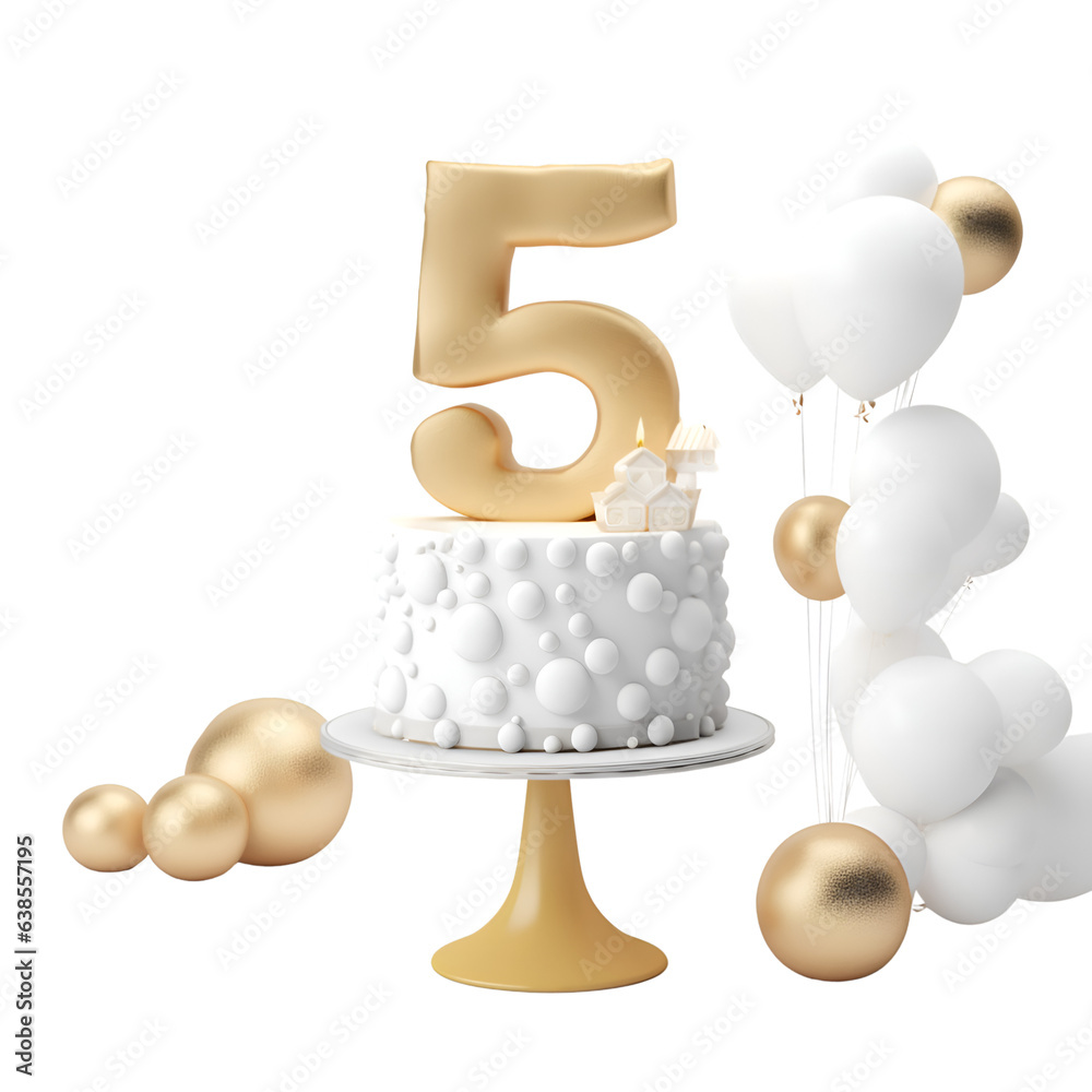 Number 5 birthday cake with white and gold balloons. balloons and ...