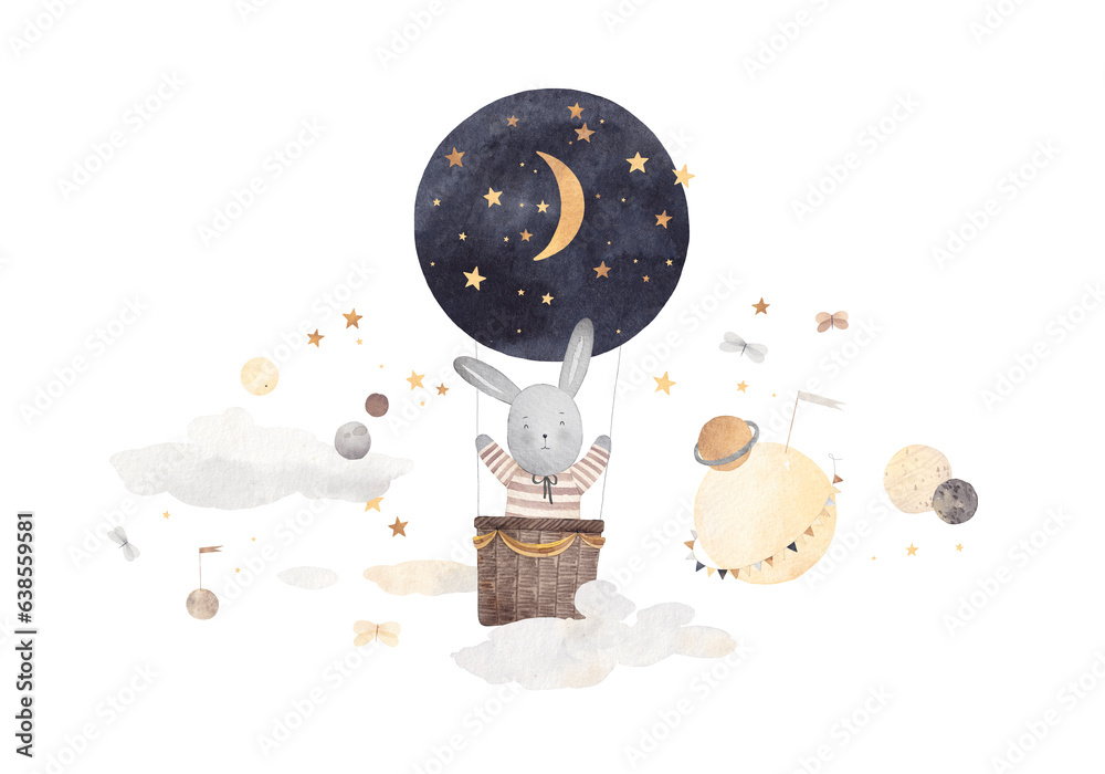 Funny bunny flies on balloon among clouds, stars and planets ...