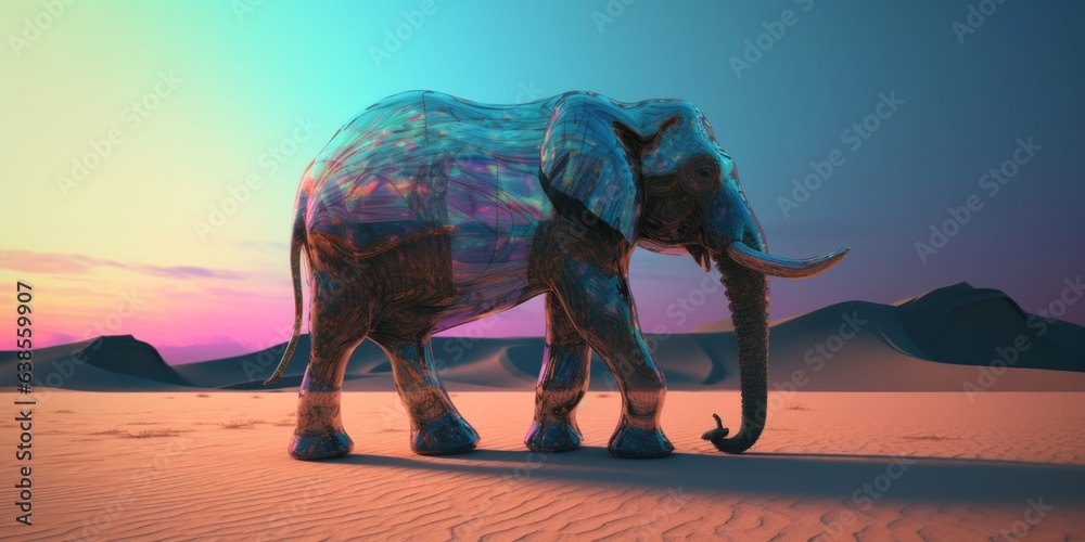 surreal holographic elephant walks in desert sand. surrealism ...