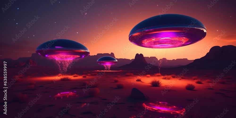 floating purple shapes torus mirror silver sand and mountains of desert ...