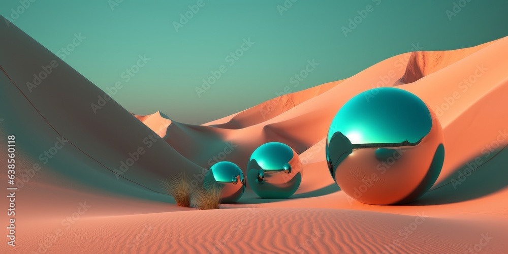 Surreal landscape of Desert with orange sand teal steel mirror sphere ...