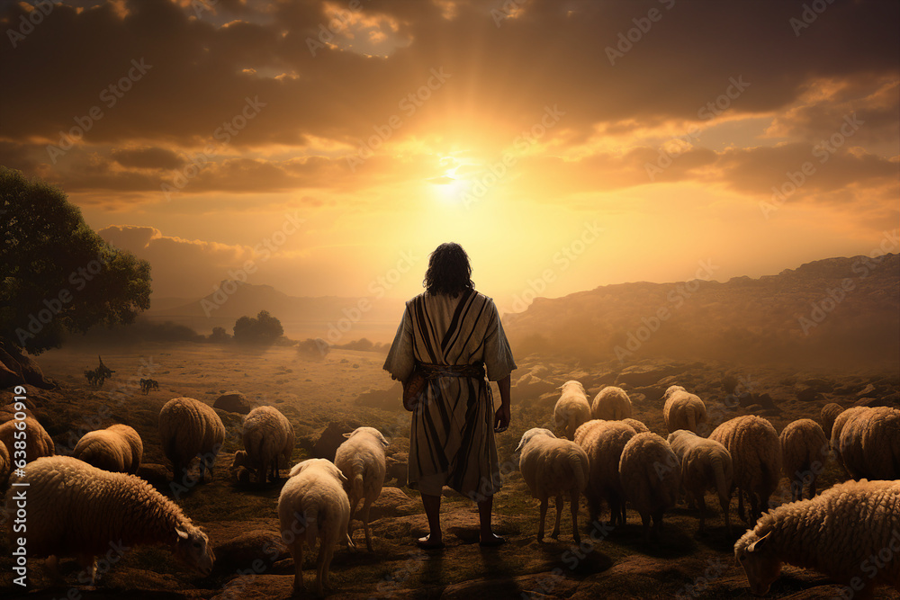 Generative Ai illustration Jesus is walking in meadow with sheep Jesus ...