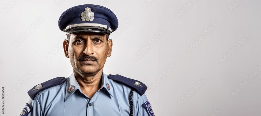 Indian man working as police officer or cop, closeup studio portrait ...