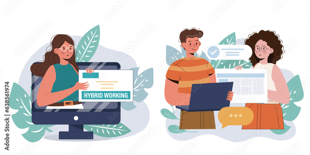 Hybrid work concept. Characters with a flexible schedule, working from ...