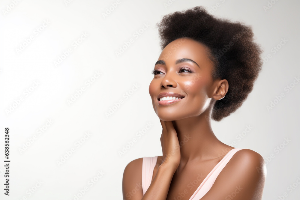 Gorgeous black woman touching her cheek, natural light, skincare ...