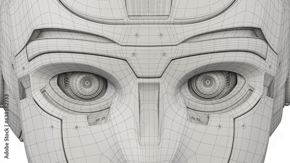 Closeup view of detailed robot face or cyborg head on transparent ...