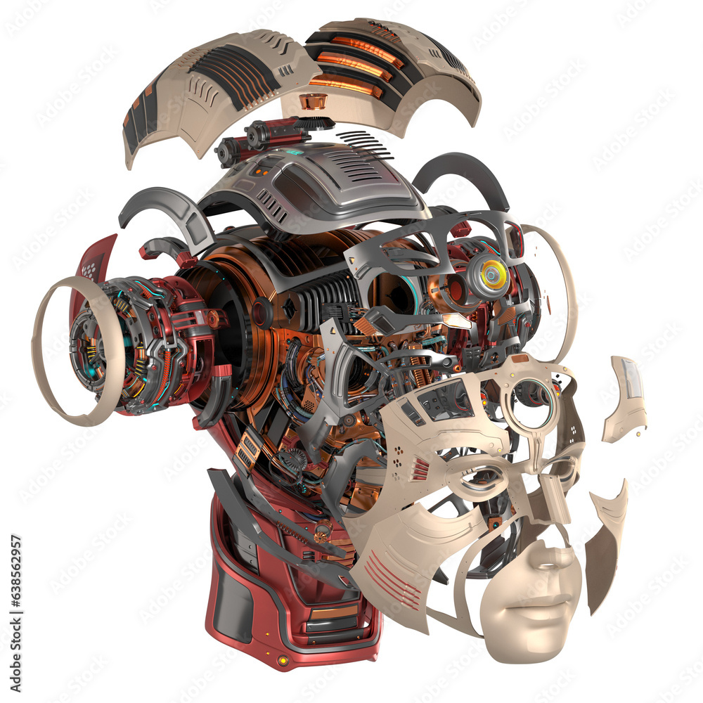 Exploded view of a very detailed futuristic robot head or cyborg face ...