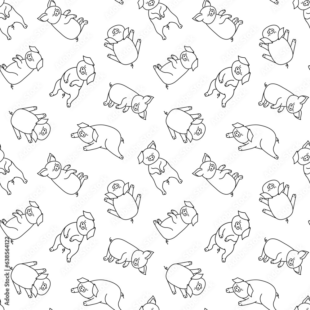 Black and white wallpaper with outline sleeping pigs in different poses. Vector seamless repeat ...