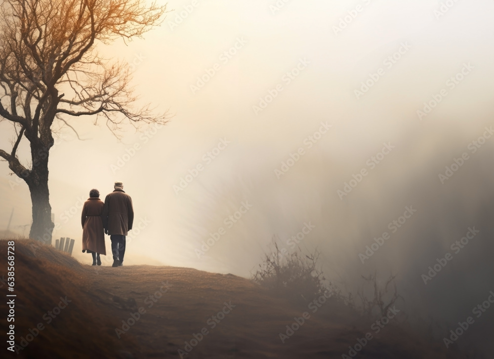 aged man and woman walking side by side. loving mature couple. back ...