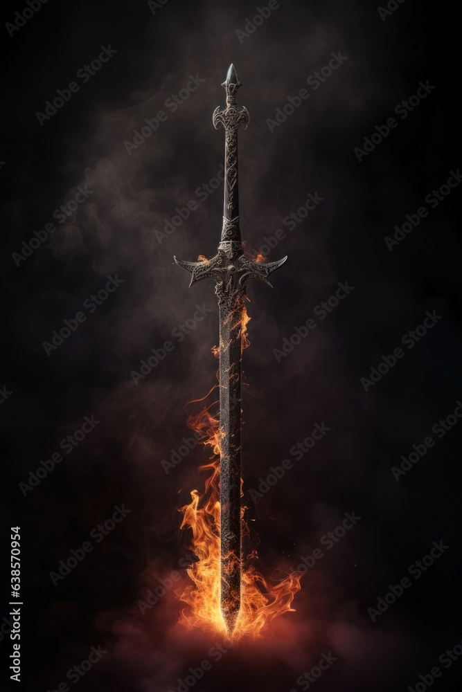 a flaming medieval long sword set against a dark smokey background ...