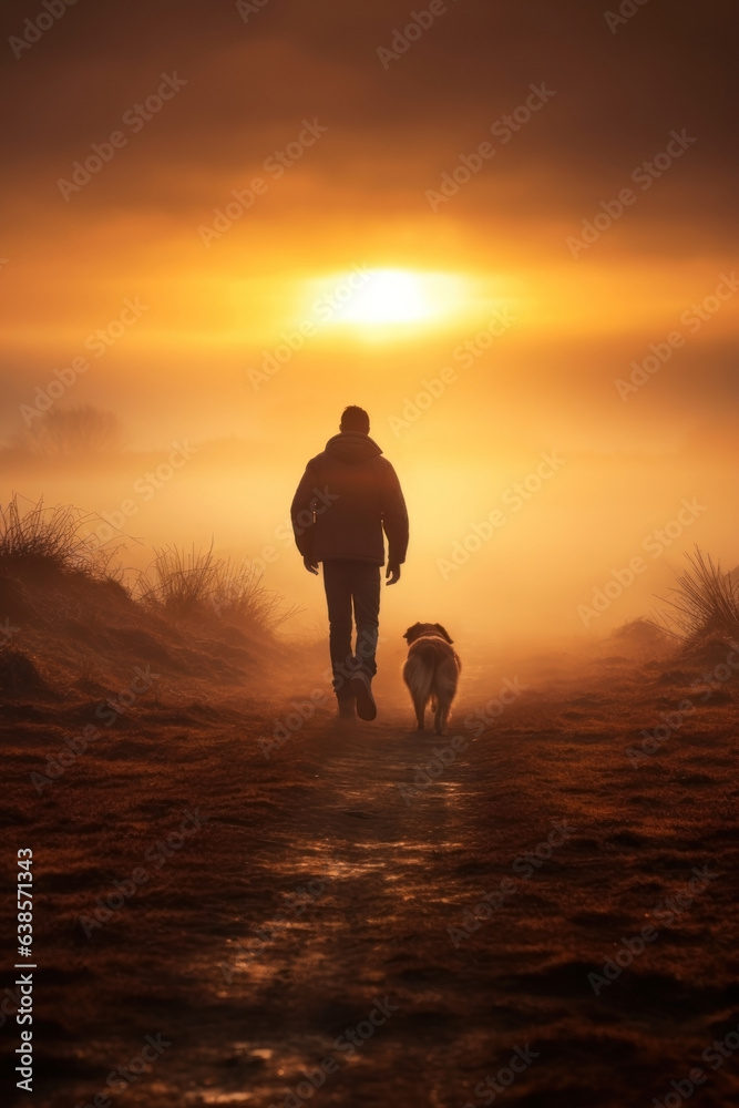man and his dog walking down a sunset road. back view, rear view, full ...