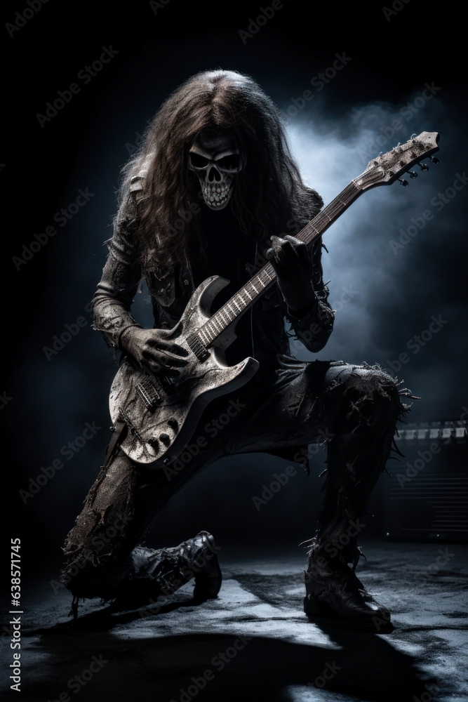 skeleton riffing some solos with his electric guitar. good for metal ...