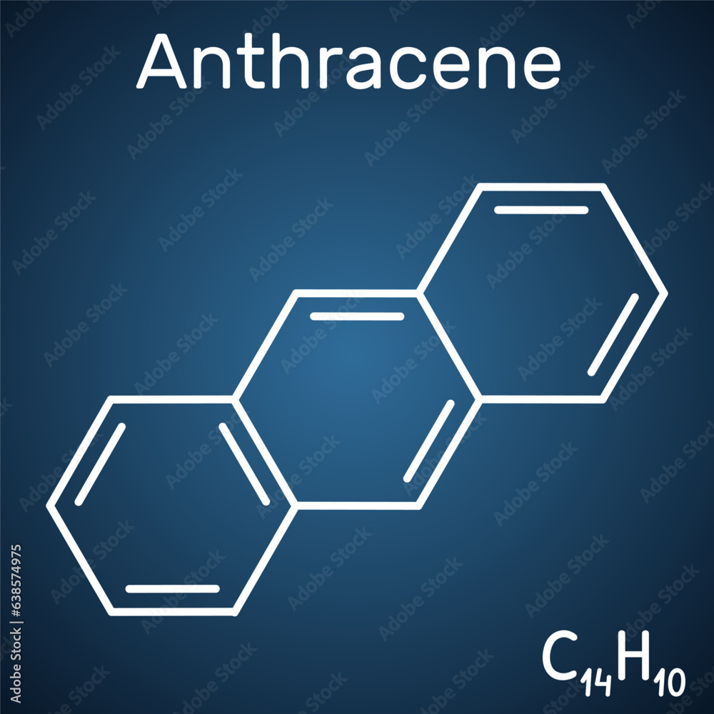 Anthracene molecule. It is polycyclic aromatic hydrocarbon PAH. Structural chemical formula on ...