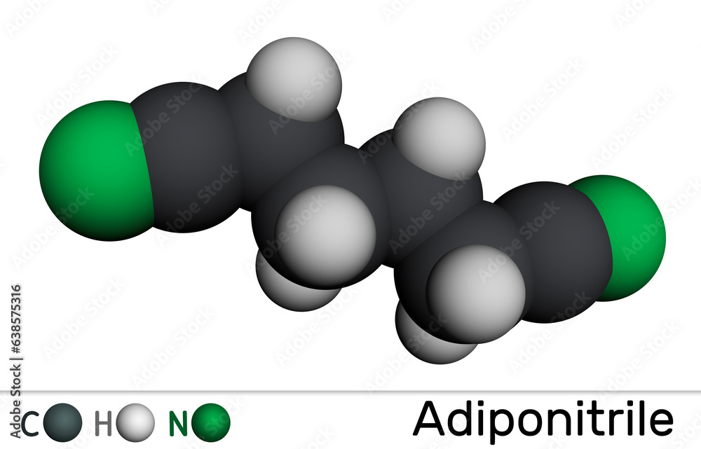 Adiponitrile molecule. It is precursor to the polymer nylon 66 ...
