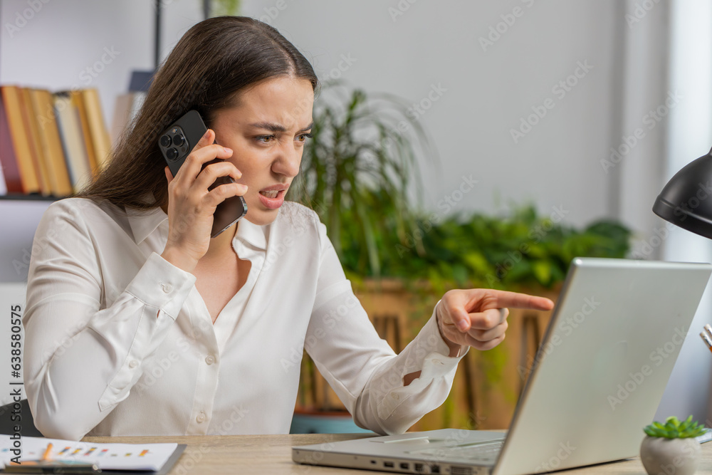 Conflict Quarrel Negotiation. Angry business woman ceo making webcam ...