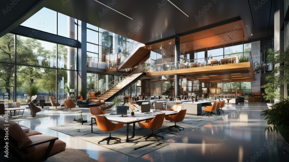 Modern open space two level office with no employees in luxury building ...