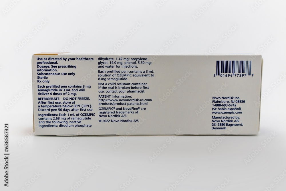 Back of the box of Ozempic 2 mg injectible pens Stock Photo | Adobe Stock