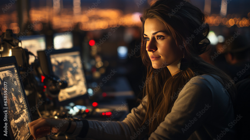 Woman working as air traffic controller. Female sitting at airport ...