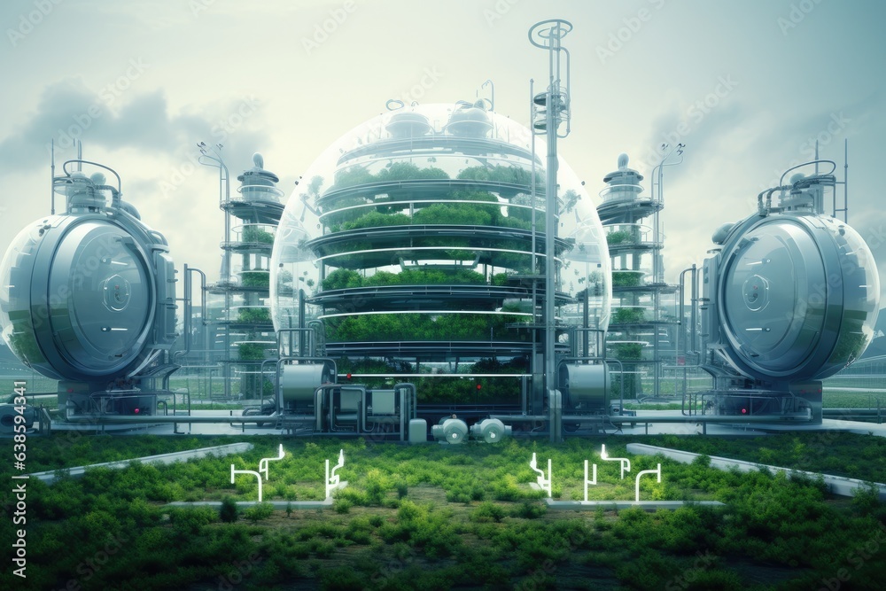 Industrial landscape with gas tanks and green trees. 3d rendering ...