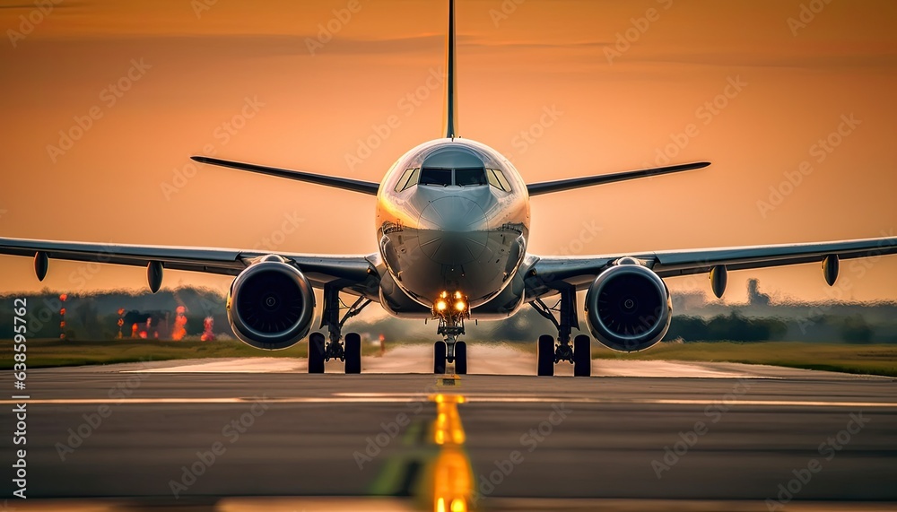 Jet plane on the dark sky background of a taxiway. Front view from eye ...