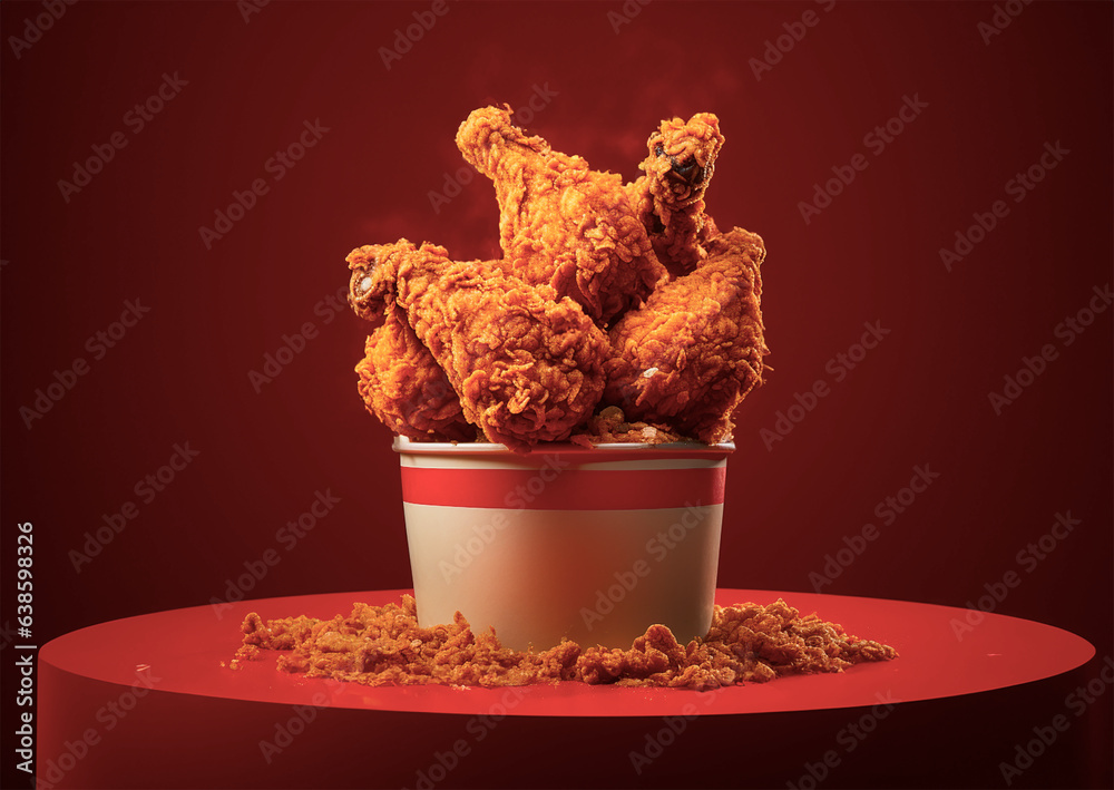Crispy fried chicken bucket realistic image with red podium background ...
