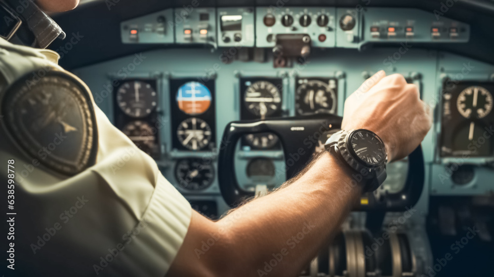 Closeup hands of pilot flying a commercial airplane, cockpit view ...