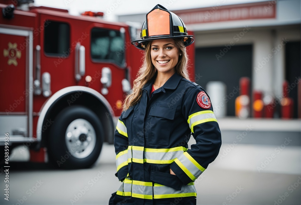 Smiling young female firefighter in front of a blurry fire station ...