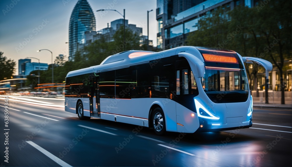 Sleek and ultra-modern self-driving autonomous electric bus on city ...