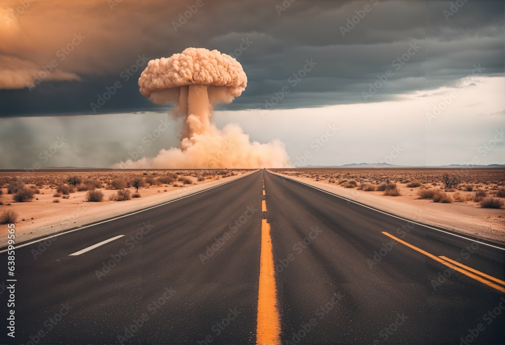Asphalt road to nuclear explosion - terrible atomic blast, mushroom ...