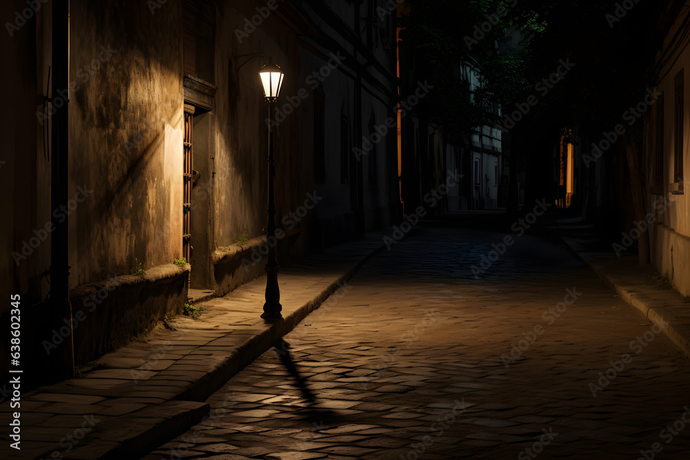 Dark alleyway illuminated by a single streetlight casting long shadows ...