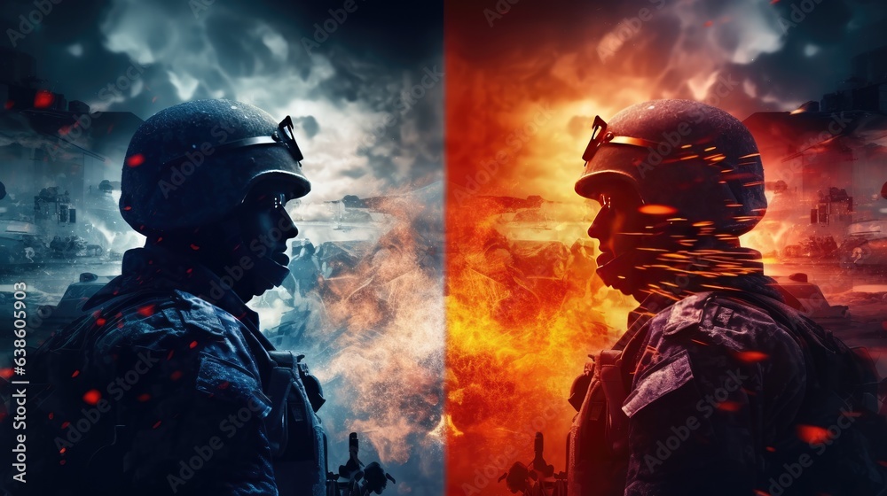 Two opposing soldiers in helmets stand face-to-face looking seriously ...