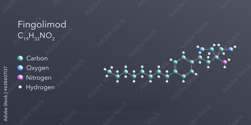 fingolimod molecule 3d rendering, flat molecular structure with ...